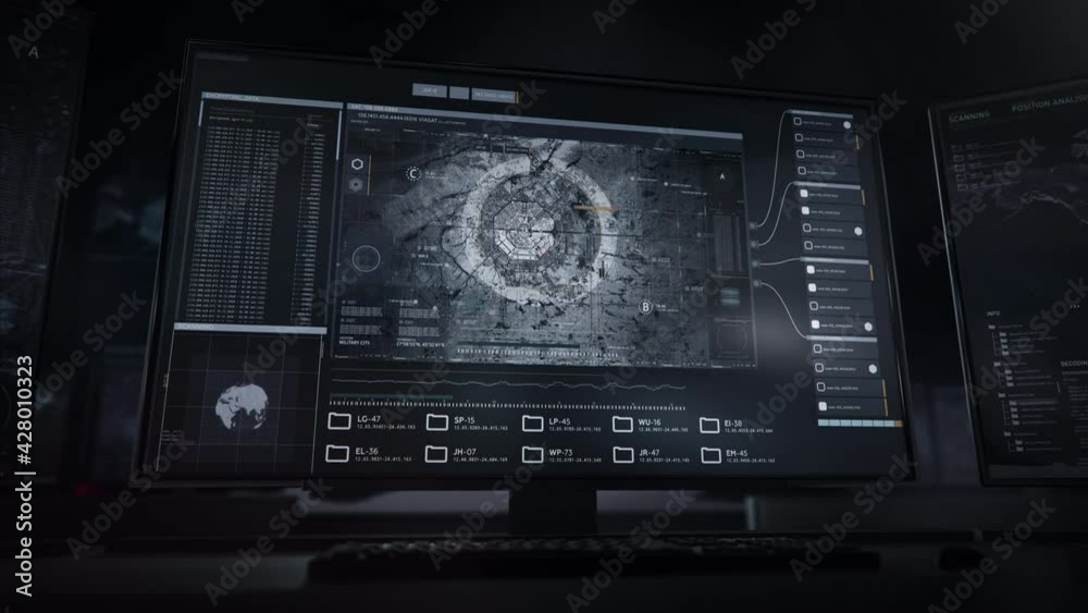 Dark room. Computer screen with keyboard. Advanced software. Data and ...