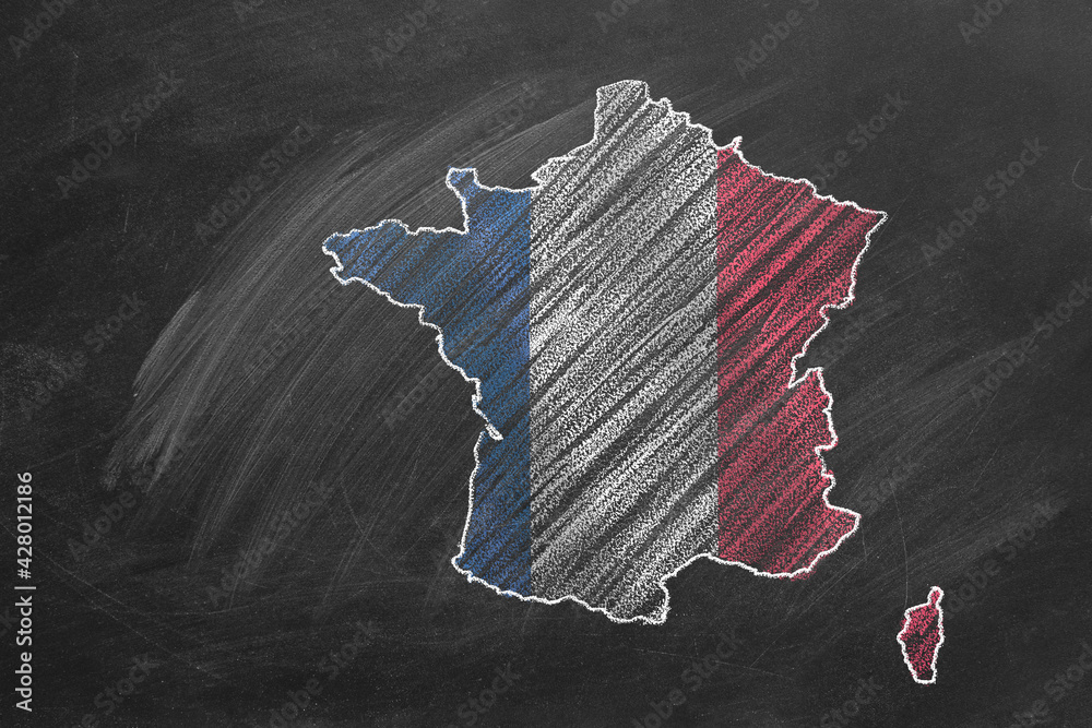 Country map and flag of France drawing with chalk on a blackboard. One ...