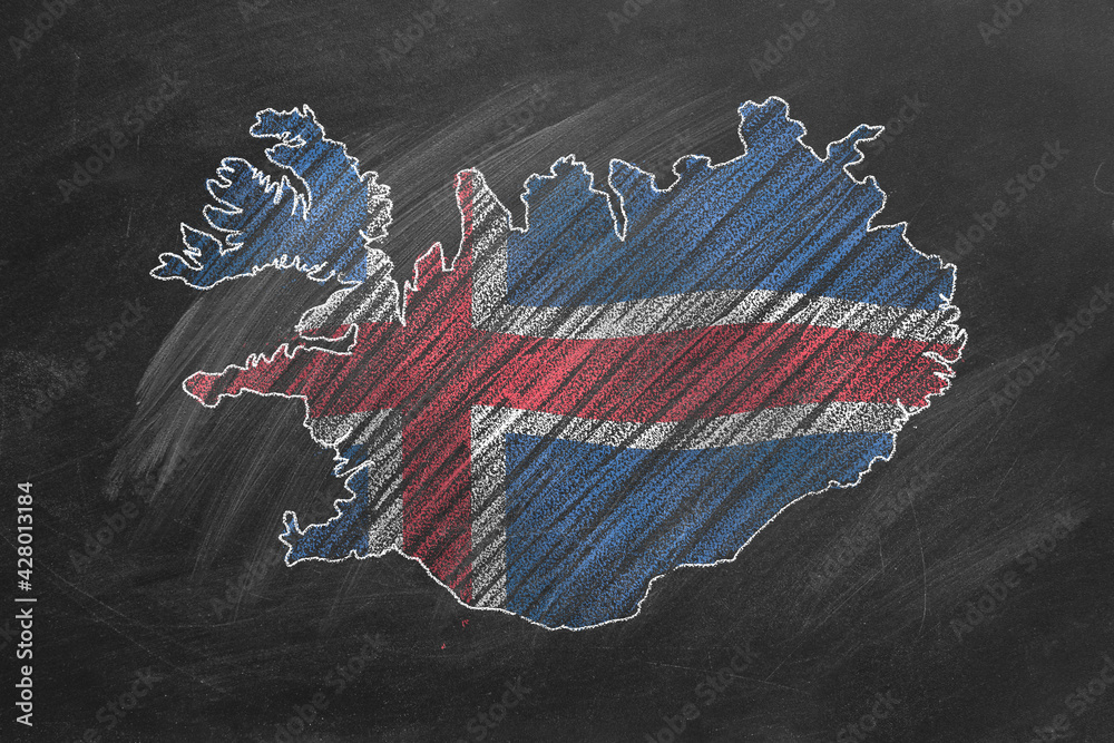 Country map and flag of Iceland drawing with chalk on a blackboard. One ...
