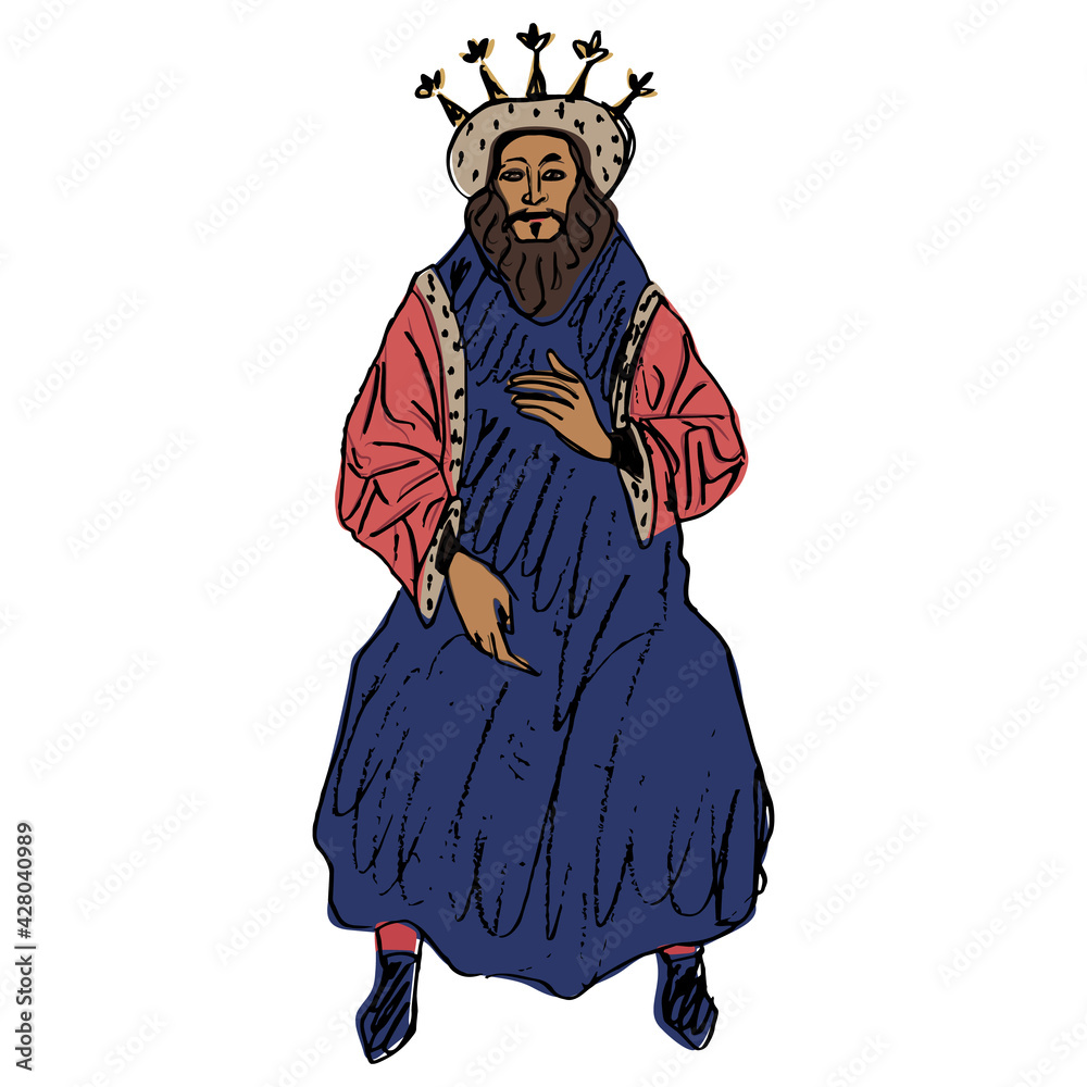 Seated enthroned king. Sitting medieval man in royal crown. Hand drawn ...
