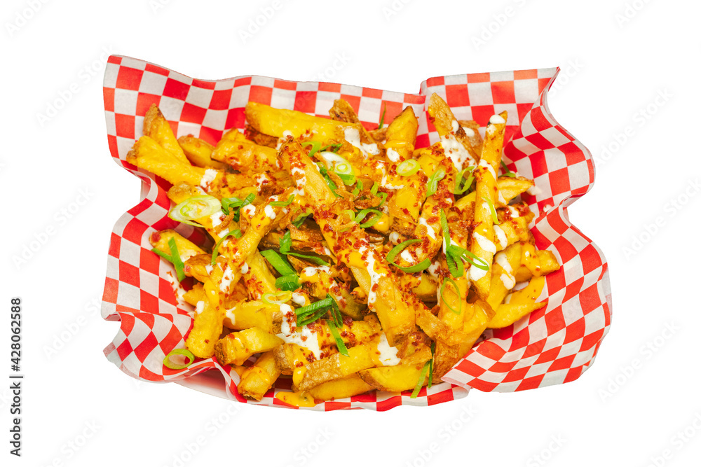 French fries with toppings isolated on white background. Overhead shot ...