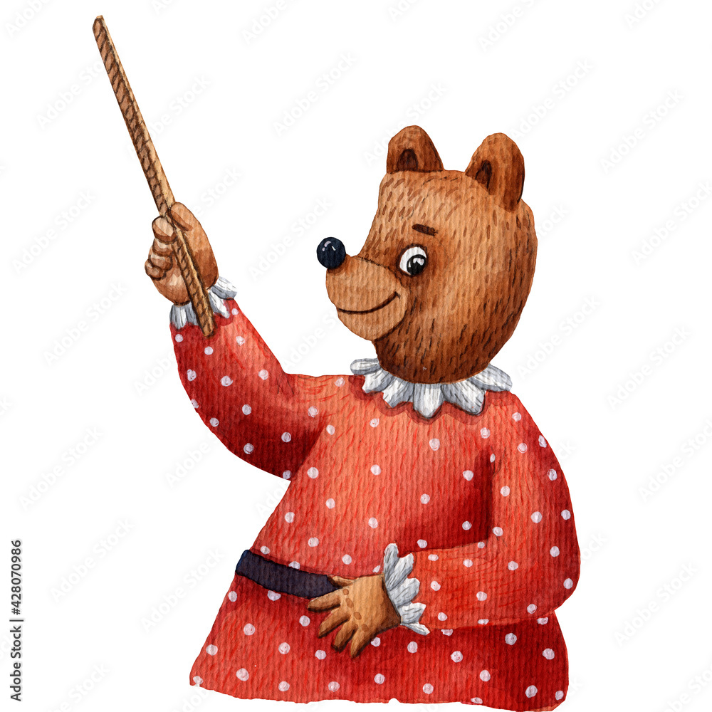 Watercolor illustration of teacher. Cute bear. Hand drawn cartoon ...
