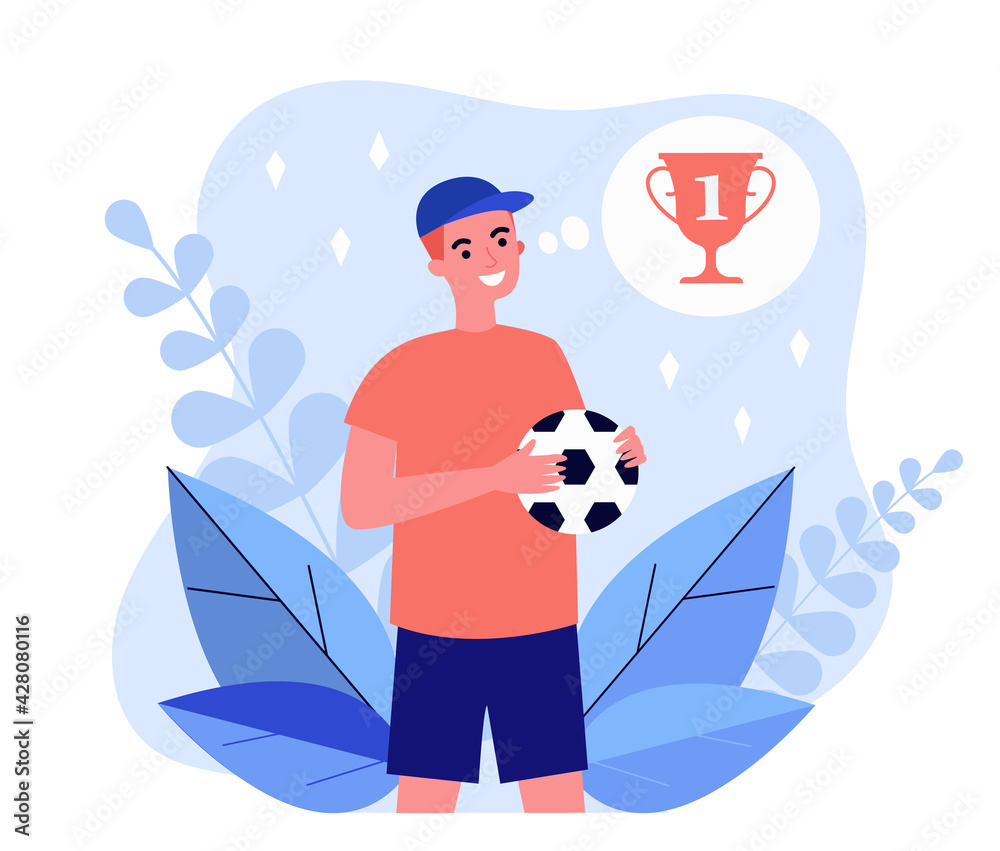 Happy cartoon young footballer thinking about prize. Flat vector ...