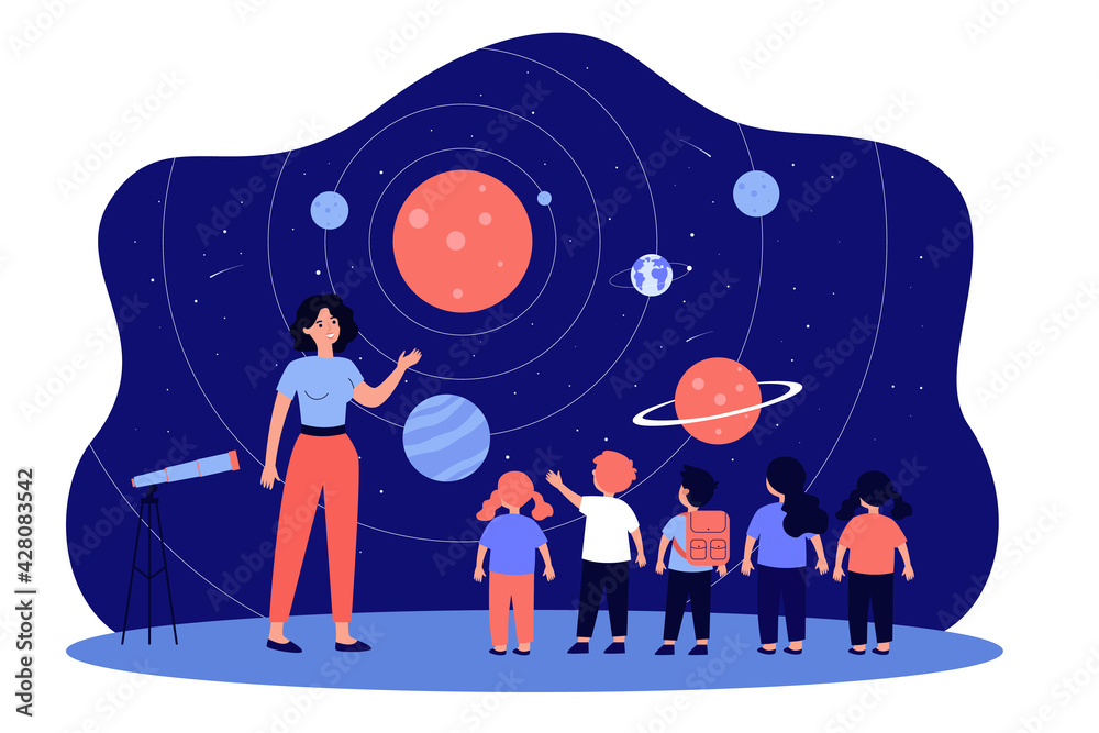 Teacher with kids in planetarium. Woman telling children about planets ...