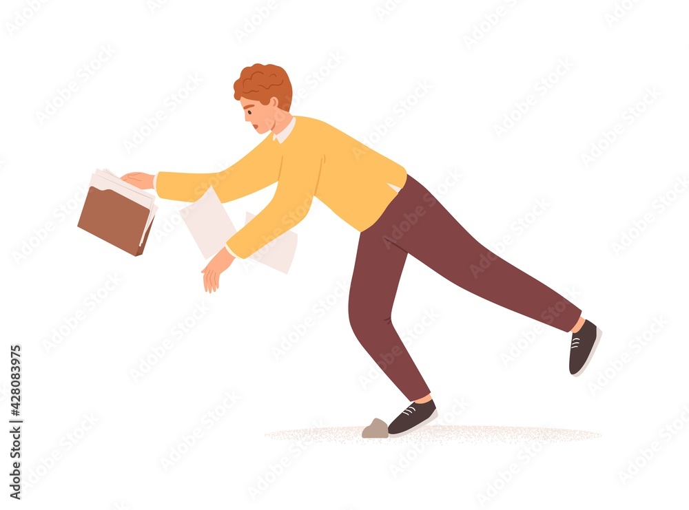 Person falling down. Fall of young man with business documents and ...