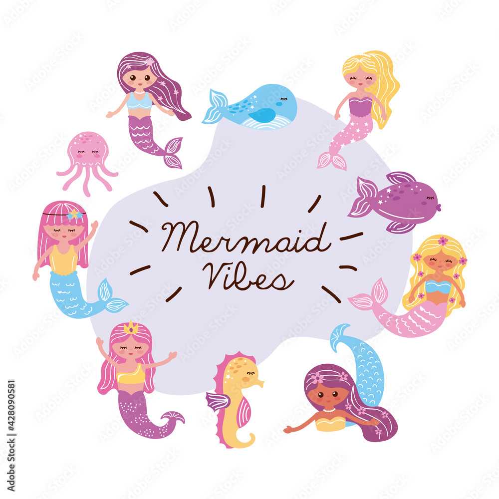 lettering and mermaids icons Stock Vector | Adobe Stock