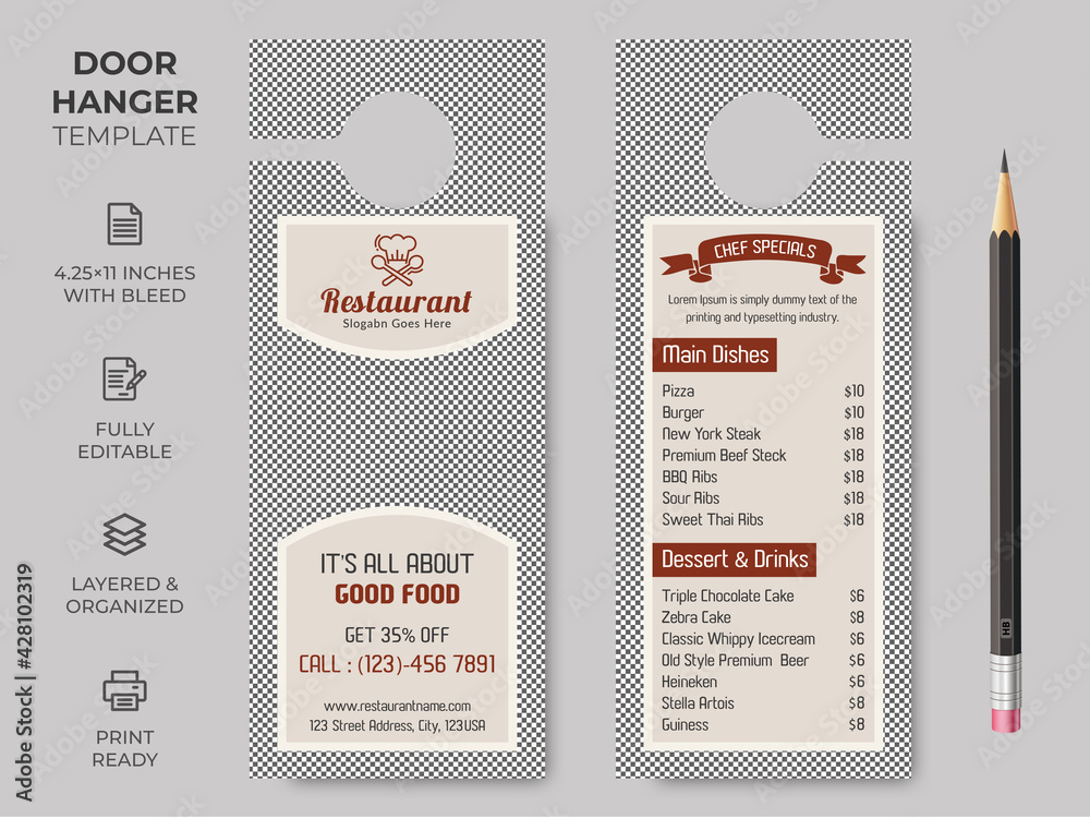 Food Restaurant Door Hanger, Vector illustration, modern Door hanger ...