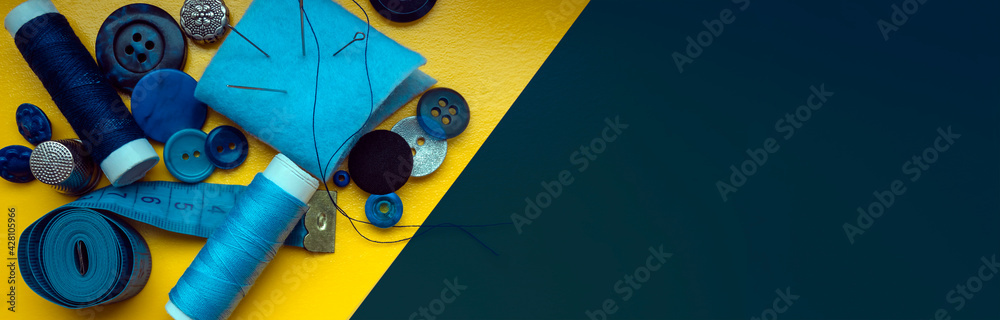 Banner for sewing production, needlework. Yellow blue background with ...