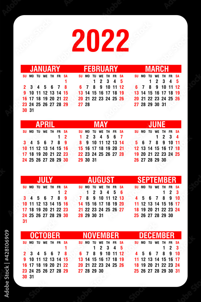 Calendar 2022 yearly. Week starts on Sunday. Vector illustration. Stock ...