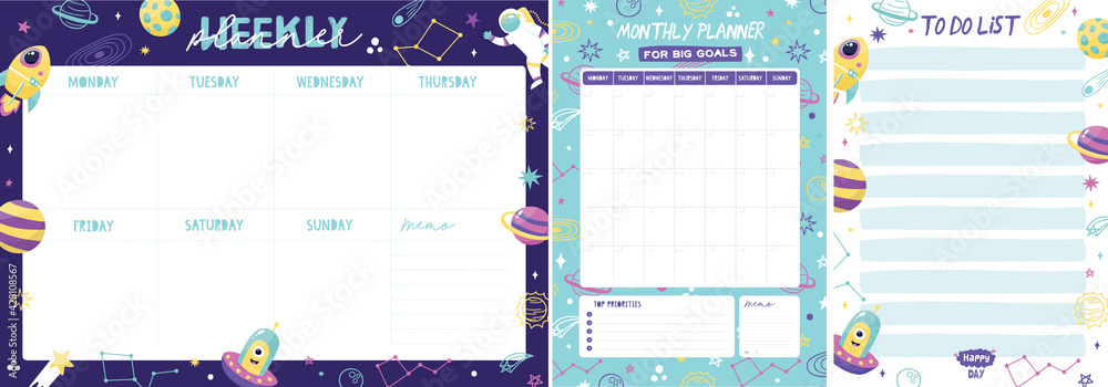 Printable space set of weekly planner, monthly planner and todo list with with planets ...