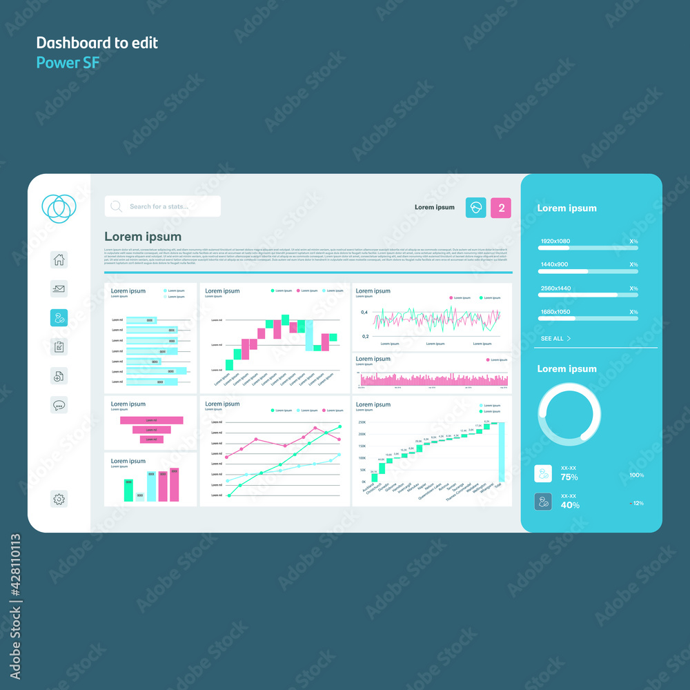 Data design. Power bi. Dashboards with graphs. Bars. Charts. EPS10 ...