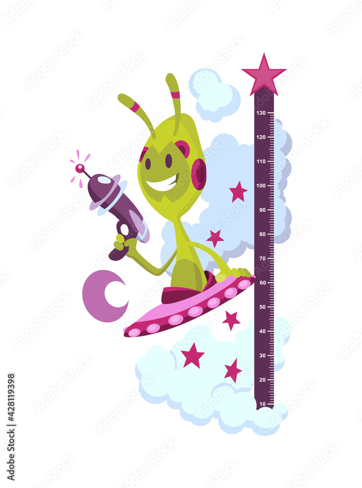 Wall meter with funny alien. Sticker for measuring height kids. Funny ...