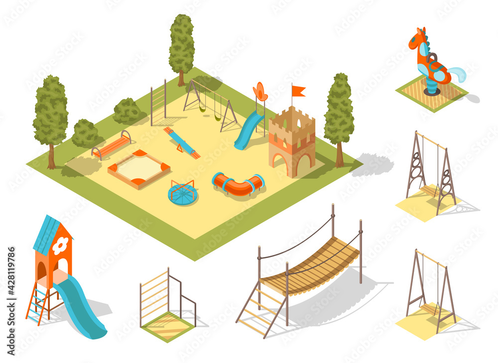 Vetor de Isometric playground concept for outdoor family pastime ...