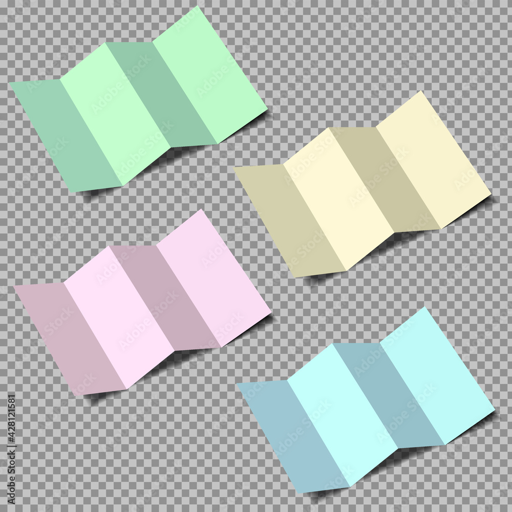 Set of folded realistic colored paper mockup sheets on transparent ...