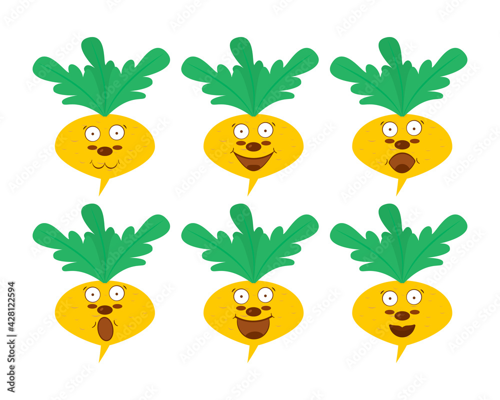 Yellow turnip cartoon character with smiles and faces. Clipart and ...