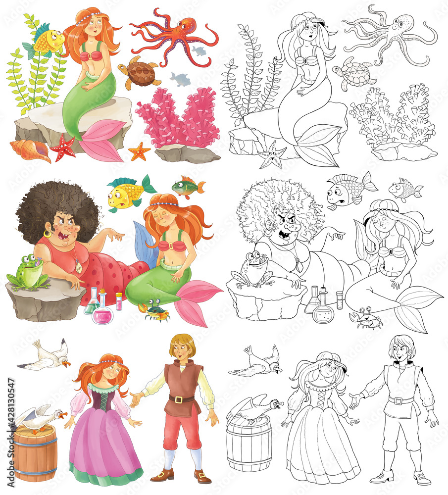 The little mermaid. Fairy tale. Coloring page. Illustration for ...