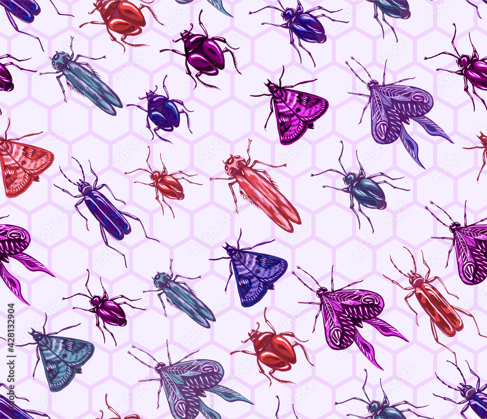 Seamless pattern of beetles, butterflies and moths drawn in gouache ...