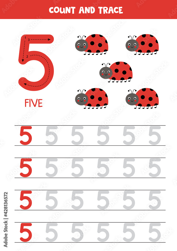 Tracing numbers worksheet with cute ladybugs. Trace number 5. Stock ...