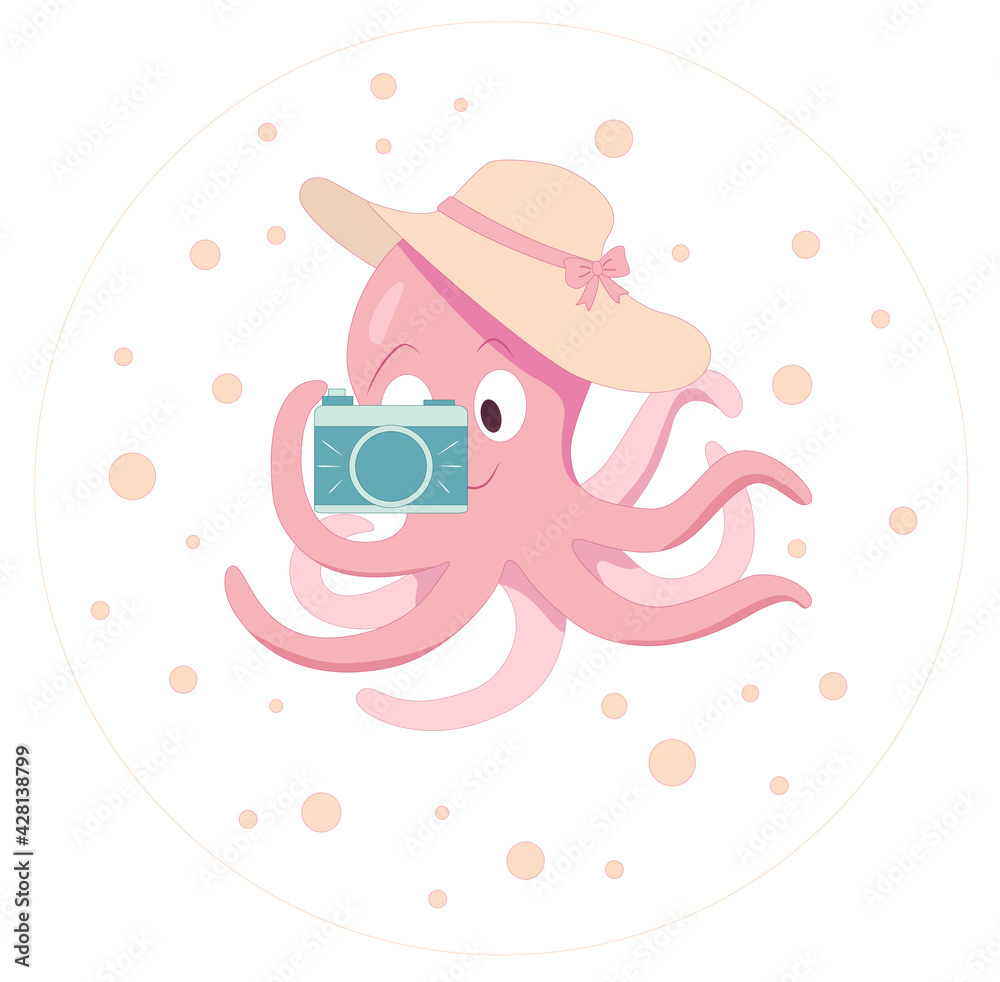 Cute octopus with camera isolated on white background. Vector ...