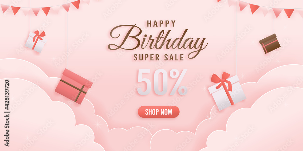 Discount shop online, Birthday sale banners with gift box paper cut and ...