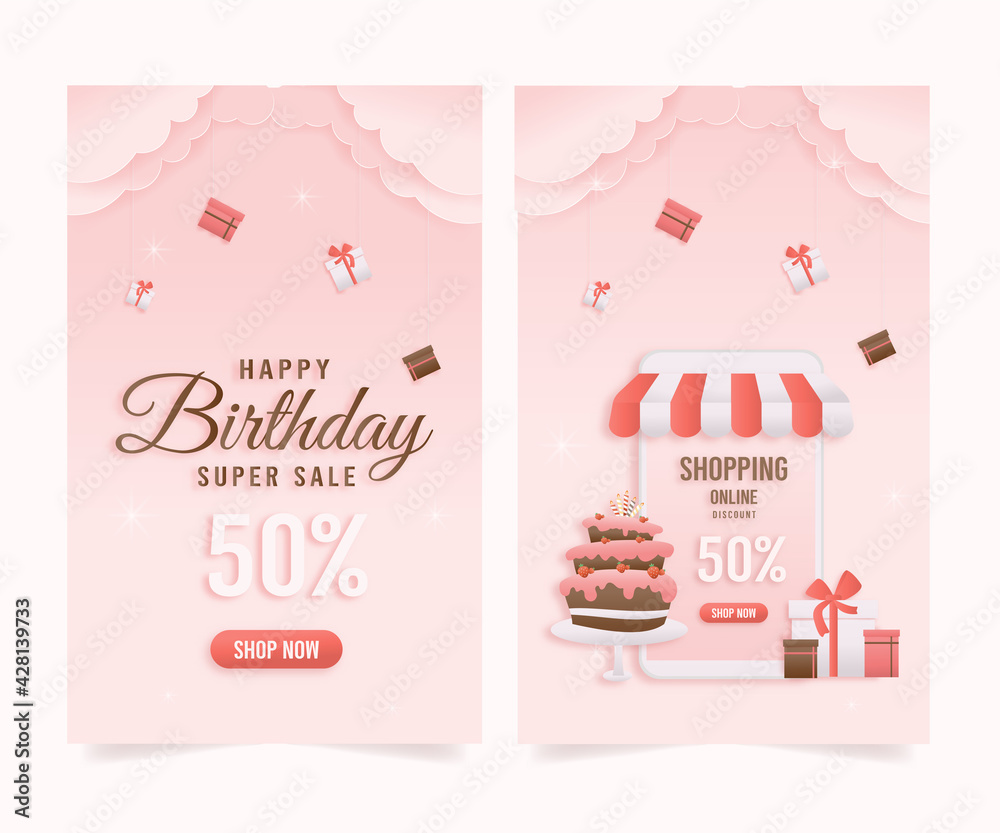 Set banner Discount shop online, Birthday sale banners with cake paper ...
