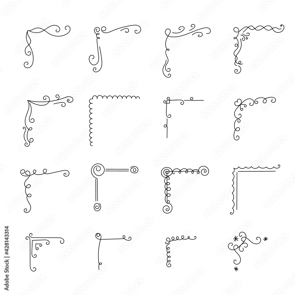 Set of hand-drawn corners with curls and swirls.Decorative monograms ...