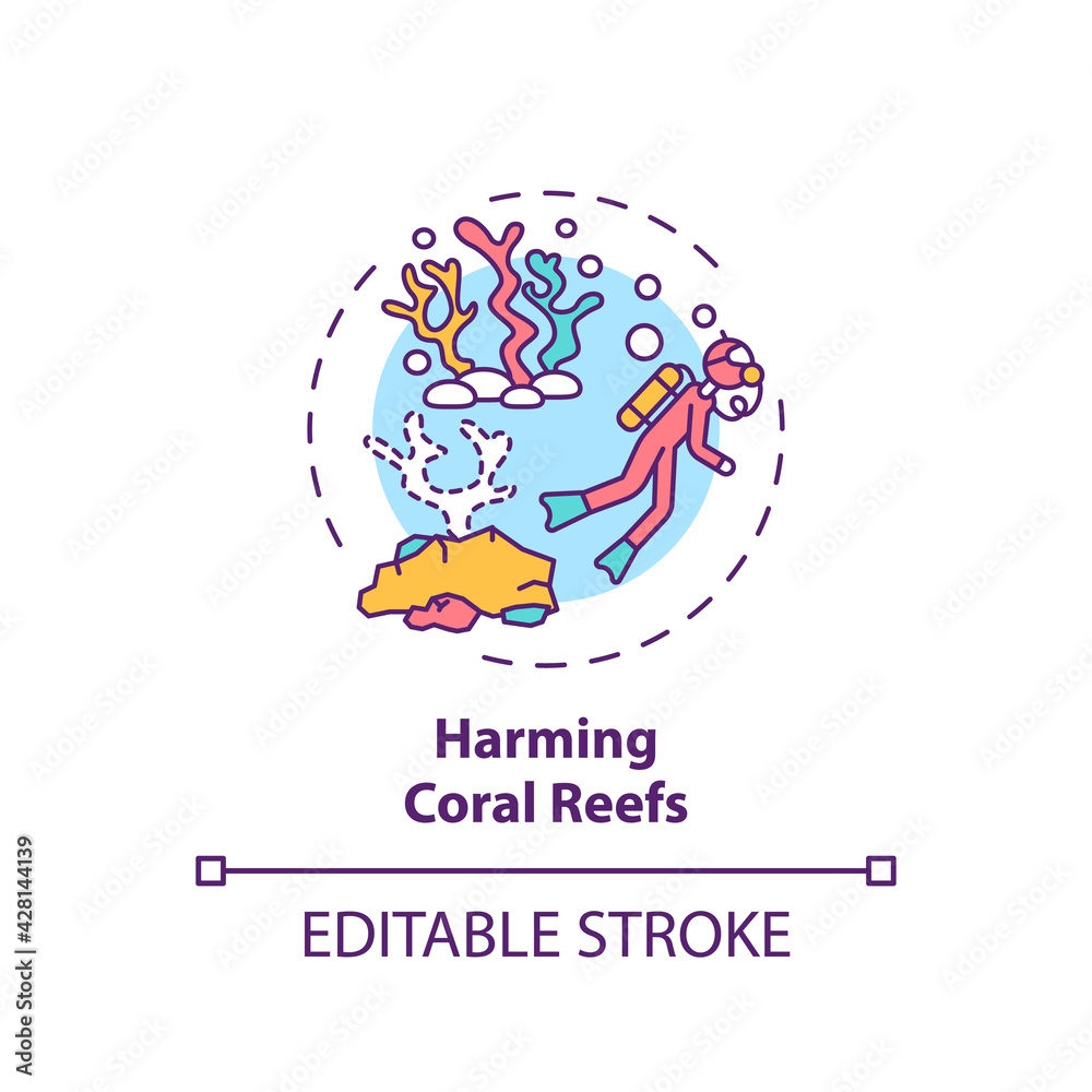 Harming coral reefs concept icon. Green tourism challenges. Diver ...