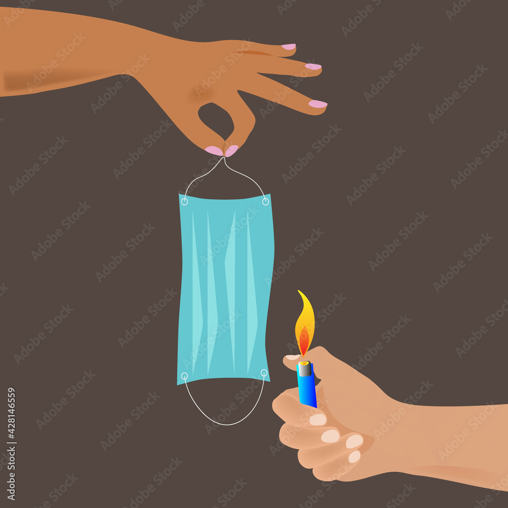 Burning the mask. No masks. Protective medical mask.The hand sets fire ...