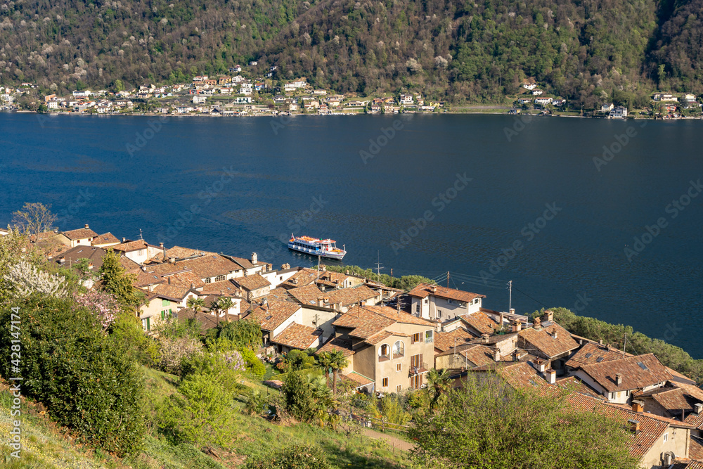 The picturesque village of Morcote in Ticino at the Lake Lugano is one ...