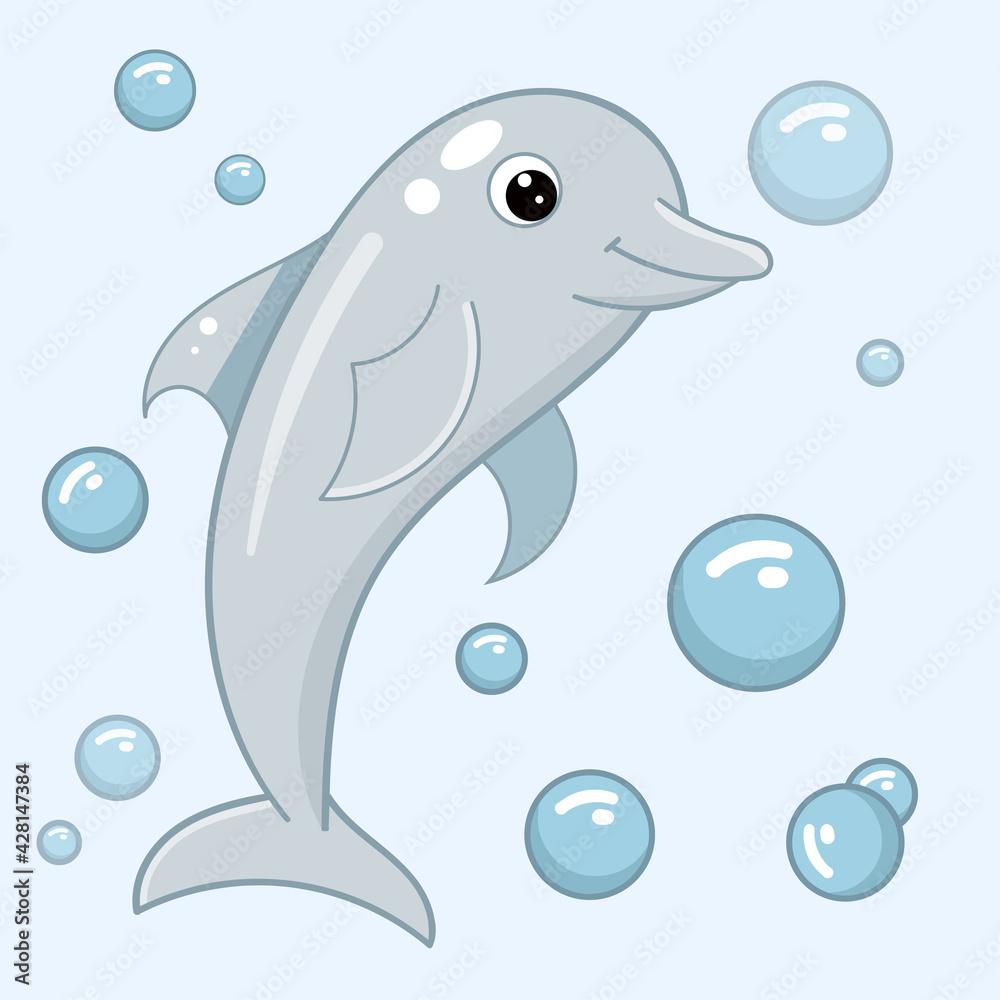 Cute dolphon character underwater with air bubbles. Cartoon vector ...