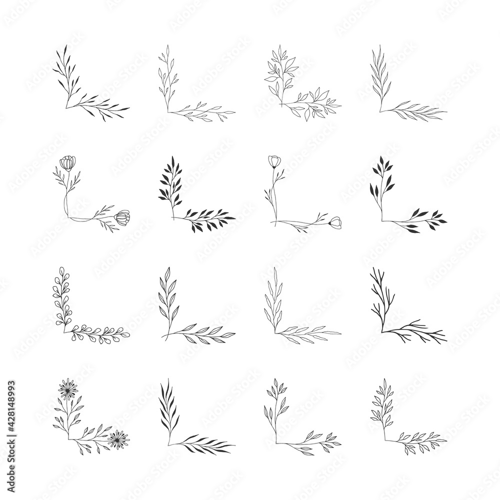 Set of botanical hand drawn decorative corners with nature design ...