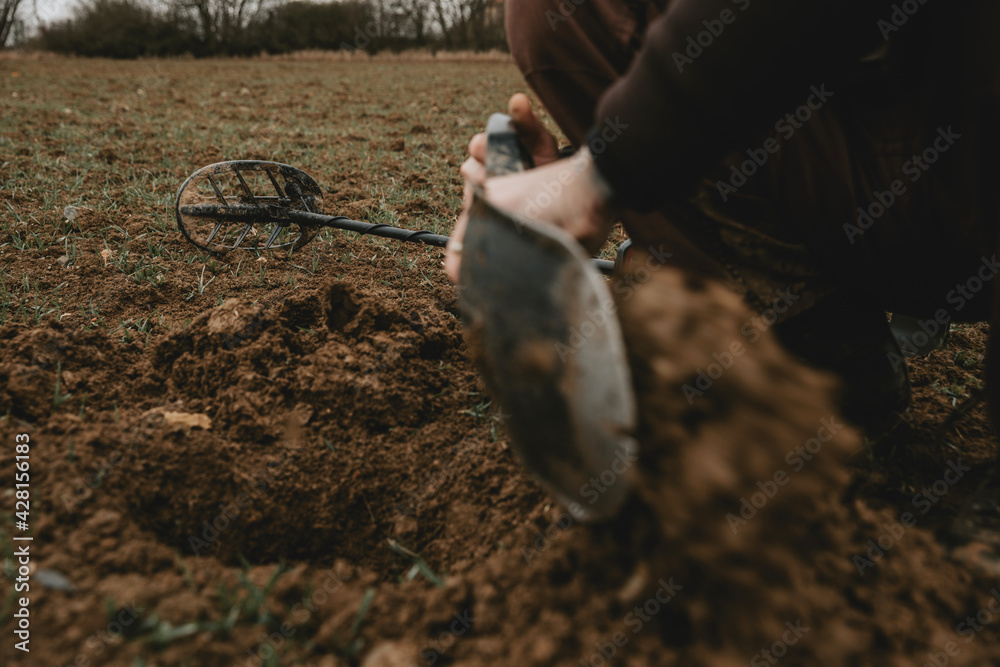 Detail of mans hands with shovel in it, during digging a hole in ground ...