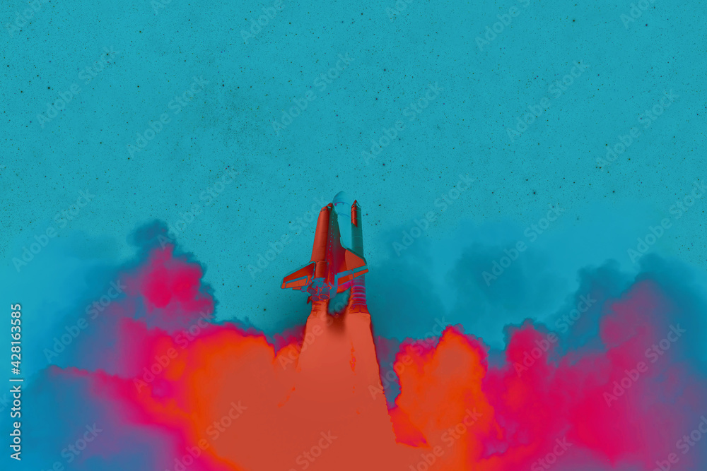 Space creative colored wallpaper with rocket, stars and clouds. Space ...