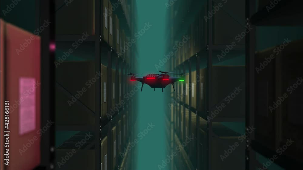 Animation with warehouse drone scanning QR codes on the cardboard boxes ...