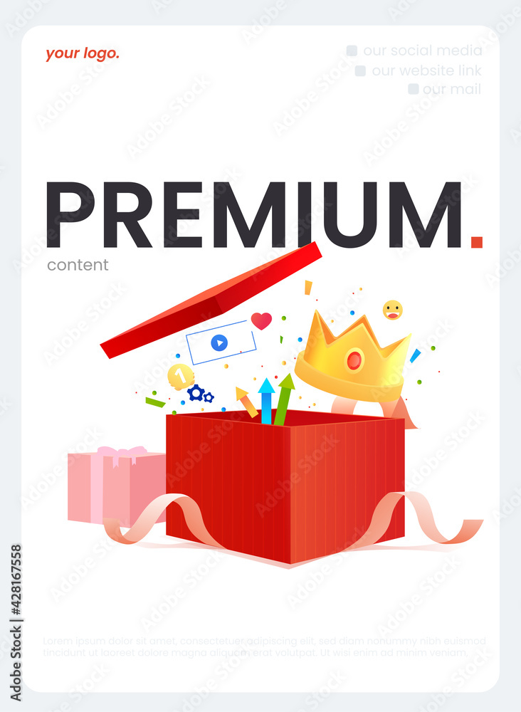 The Premium content. A Gift box with a ribbon and money and a crown and ...