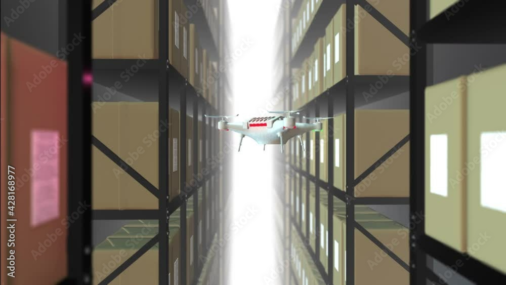 Animation with warehouse drone scanning QR codes on the cardboard boxes ...