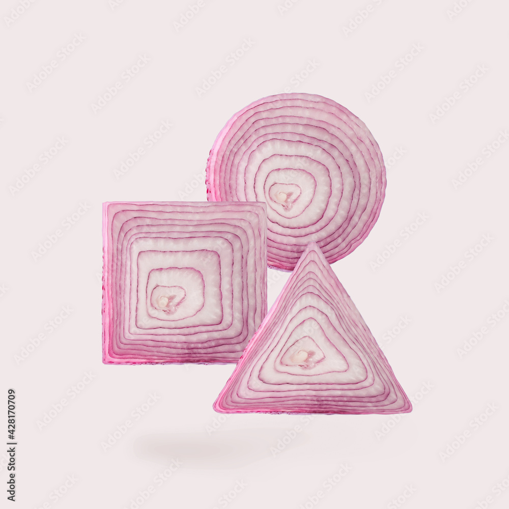Circle, square and triangle red onion slices floating in the air on a ...