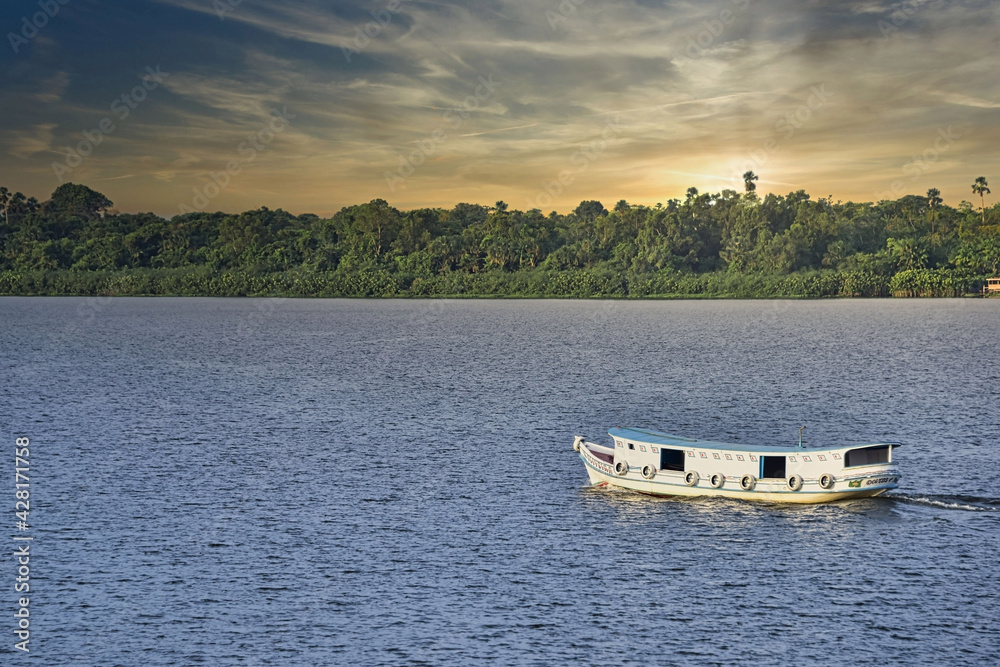Paisagem amazônica, barco navegando em rio da amazônia, Brasil. Stock ...