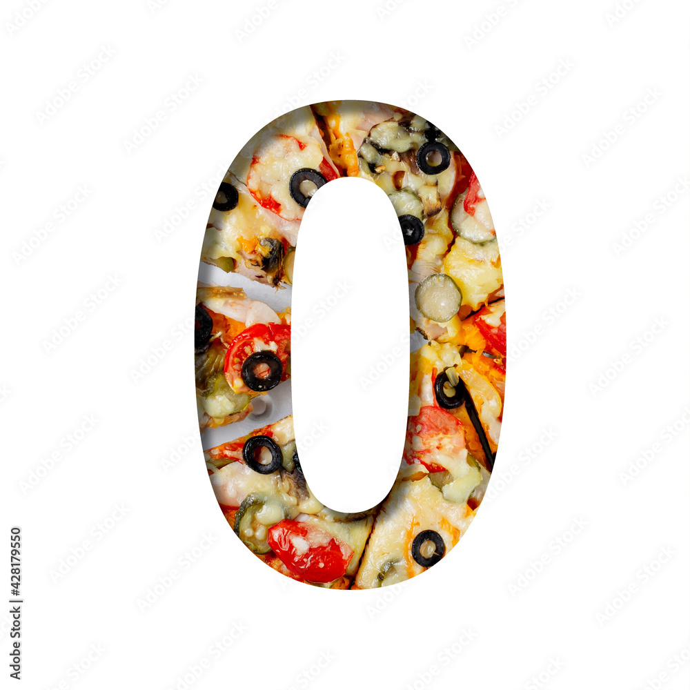 Fonts on pizza texture. Digit zero, 0, cut out of paper on a background ...