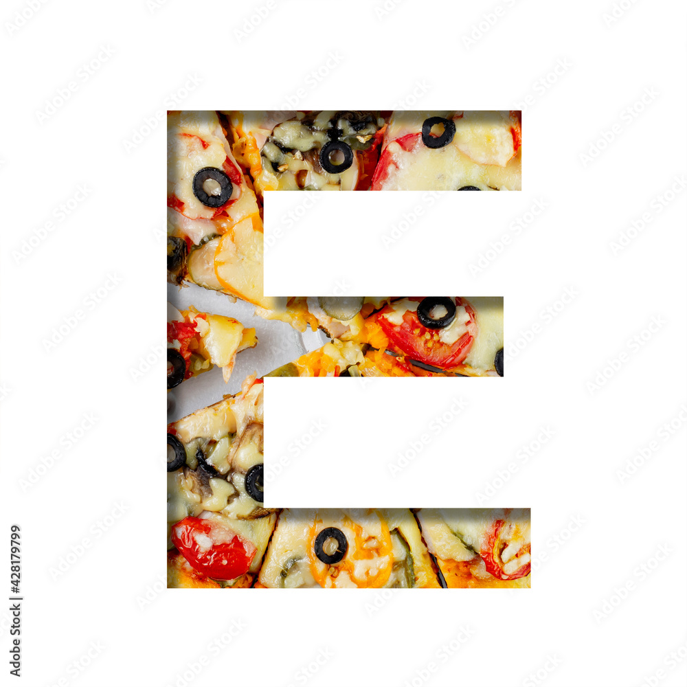 Font on pizza texture. Letter E, cut out of paper on a background of ...