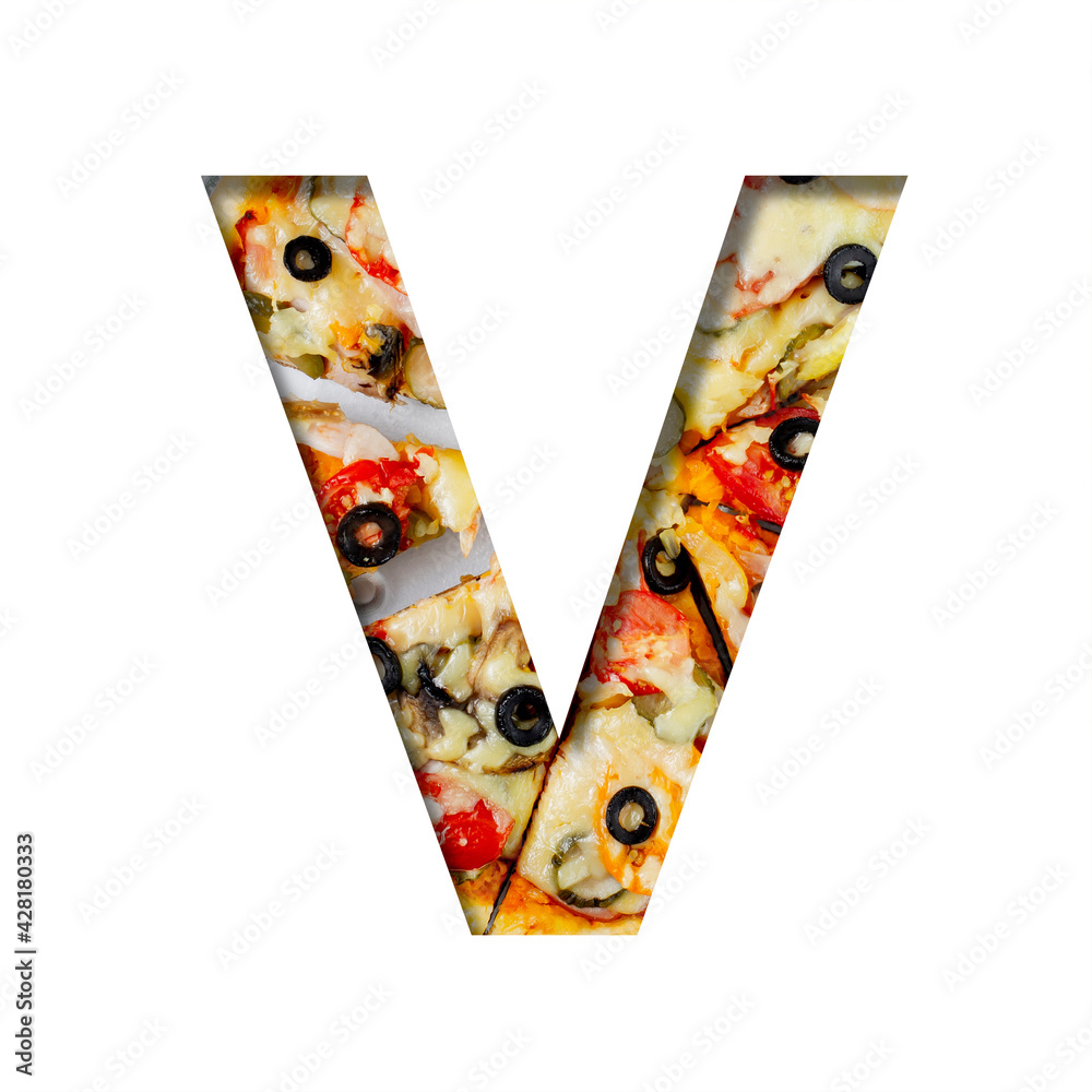 Font on pizza texture. Letter V, cut out of paper on a background of ...