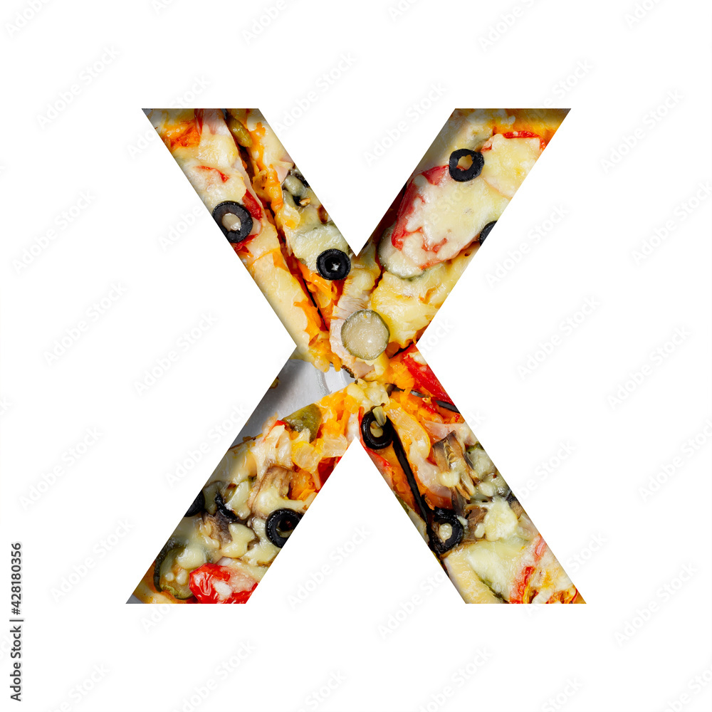 Font on pizza texture. Letter X, cut out of paper on a background of ...