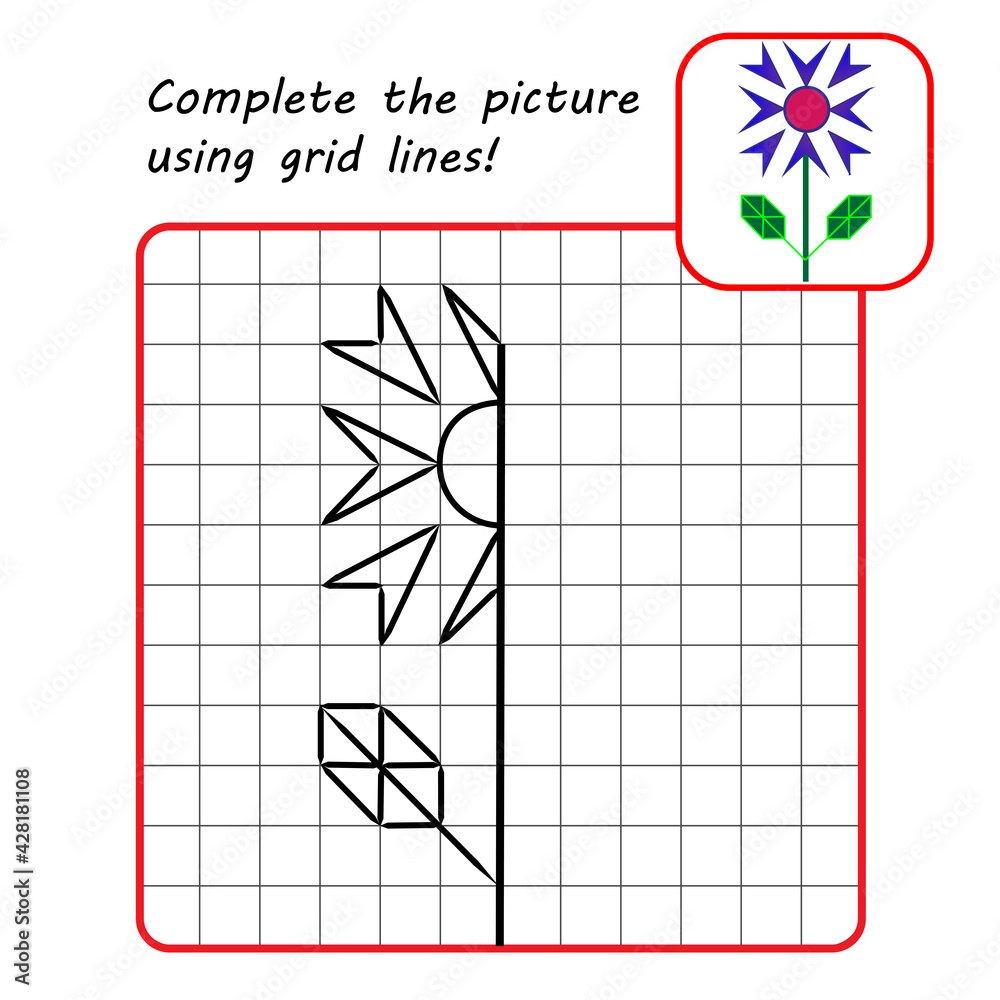 Educational game for kids. Simple exercise. Flower drawing using grid ...