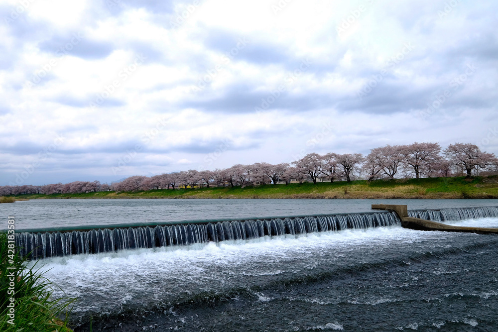 Focus the dam across river with waving and splash water ,beautiful ...