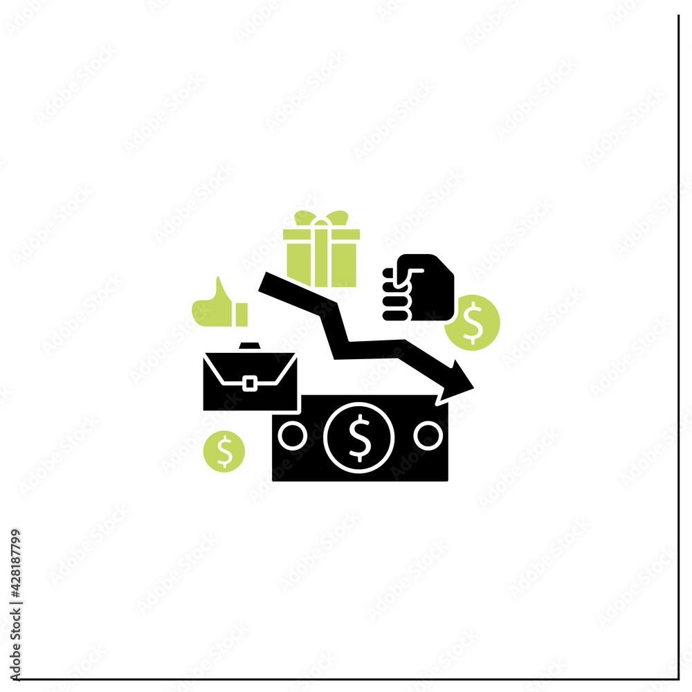 Low wages glyph icon. Important problem. Discouraging low wages. Less ...