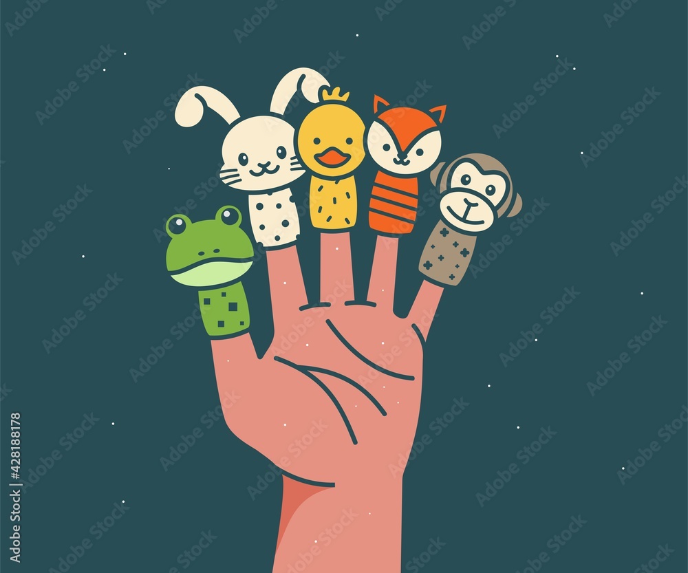 Hand wearing 5 finger puppets; frog, rabbit, duck, fox, monkey. Animal ...