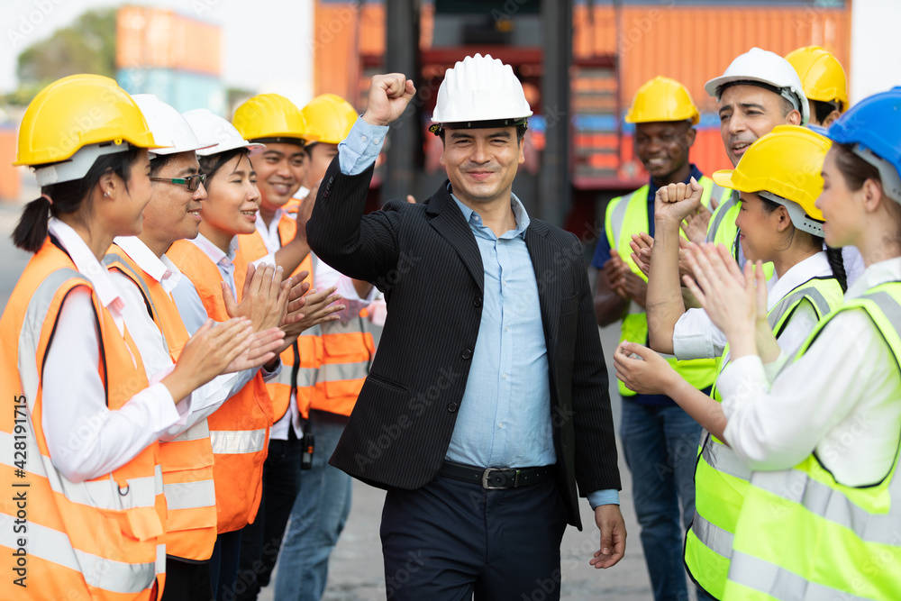 warehouse boss engineer with factory workers raise hand and clapping ...