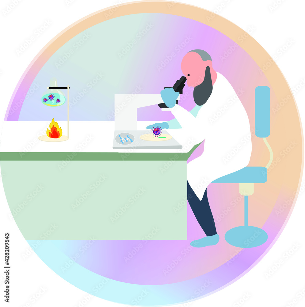 Vetor de Microbiologist studying new virus and cultivating a petri dish ...