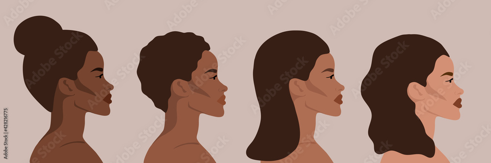 Four women of different nationalities and cultures. Multinational ...