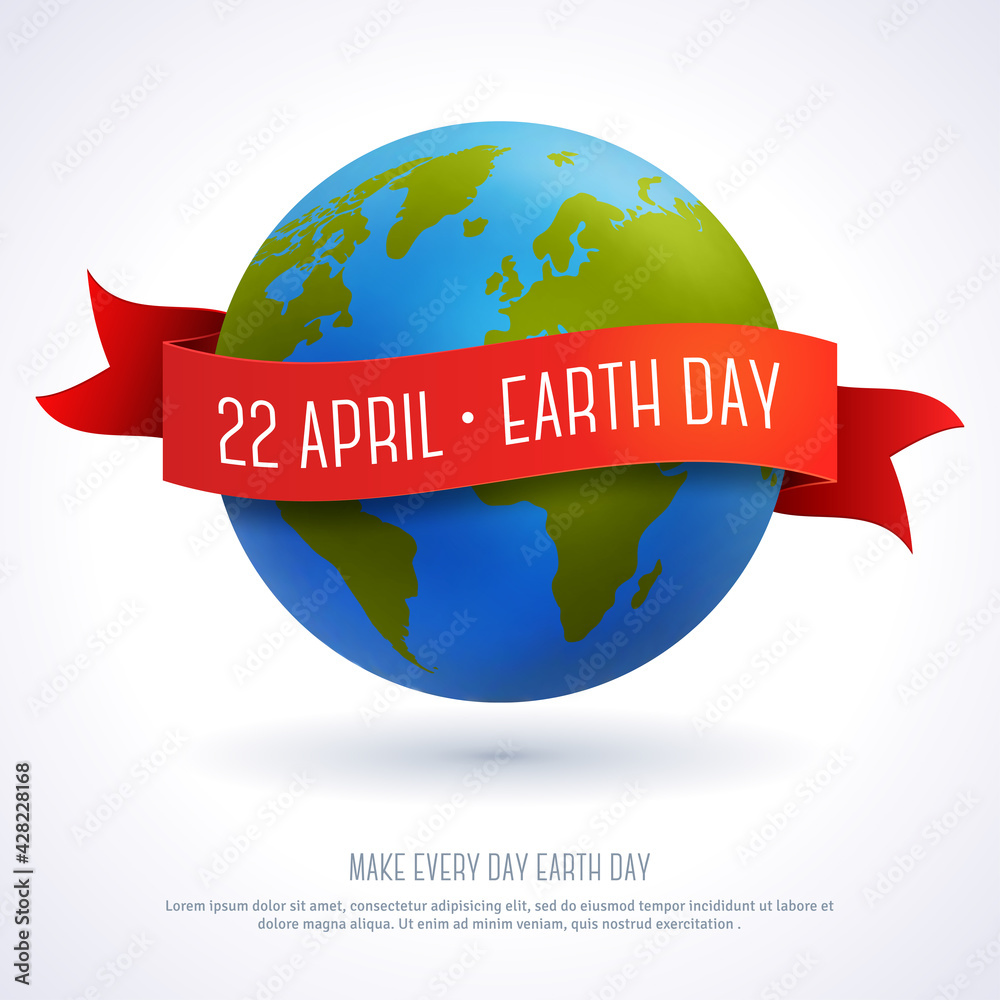 Vector illustration of earth globe with red ribbon and text Earth Day ...